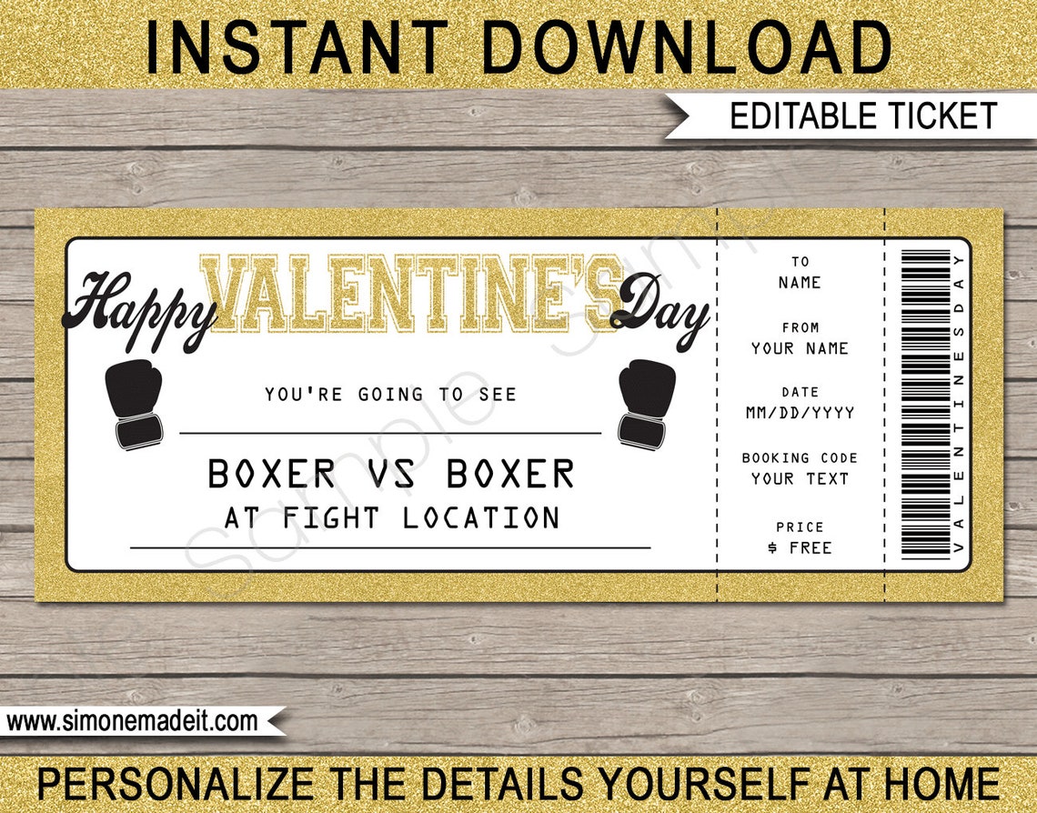 Valentine's Day Boxing Match Ticket - Editable Printable (instant ...