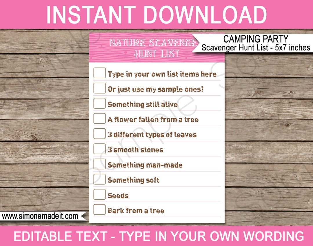 Camping Party Scavenger Hunt List: Editable Nature Theme (digital ...