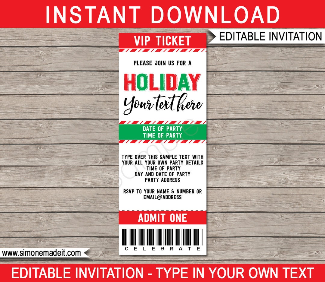 Holiday Party Ticket Invitation Template - Printable Invite - Open ...