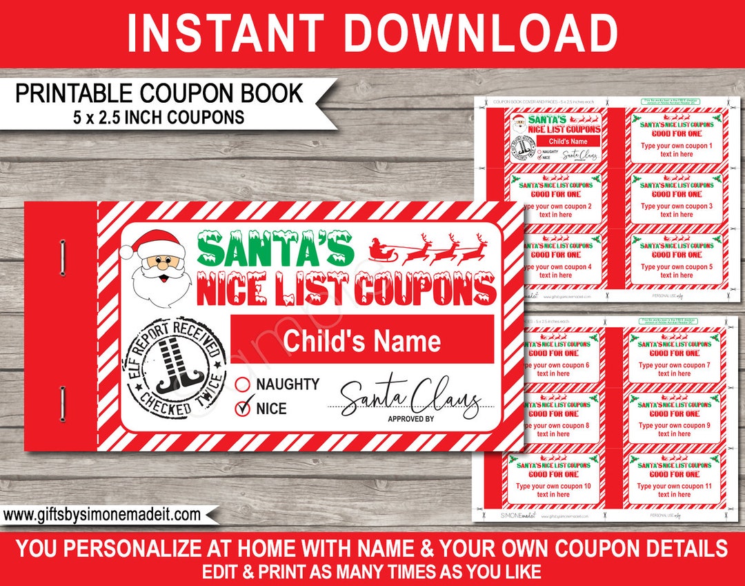 Santa Coupon Book Template - Printable Nice List Vouchers - Easy ...
