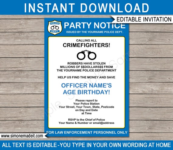 Police Invitation Template - Printable Birthday Party Invite - INSTANT ...