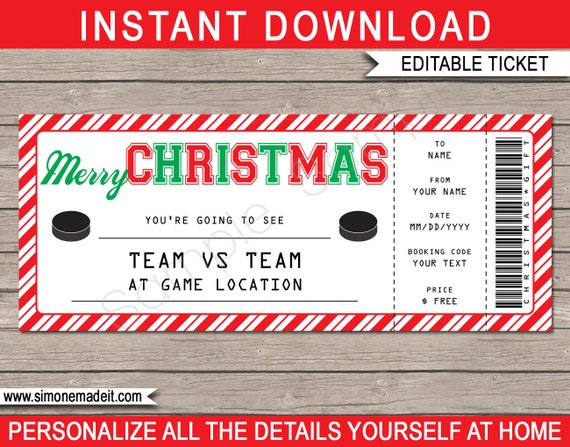 Christmas Hockey Ticket Gift Surprise Hockey Game Ticket Printable 