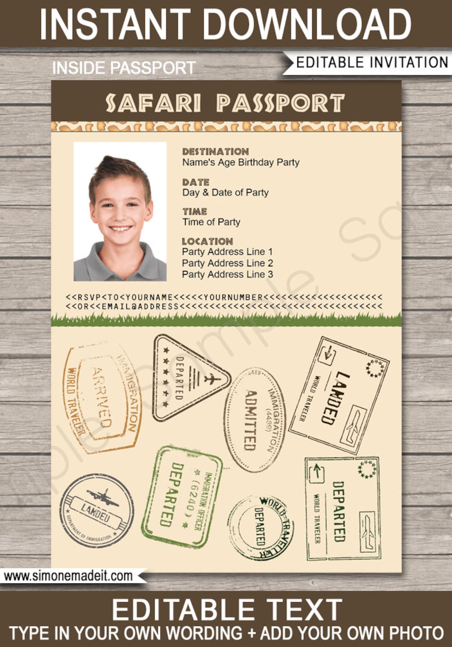 Safari Passport Invitations Printable Photo Invite Jungle | Etsy