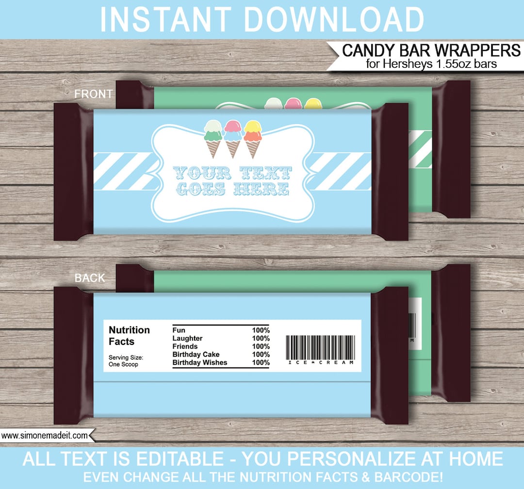 Ice Cream Party Candy Bar Wrappers: Editable Text (instant Download) - Etsy