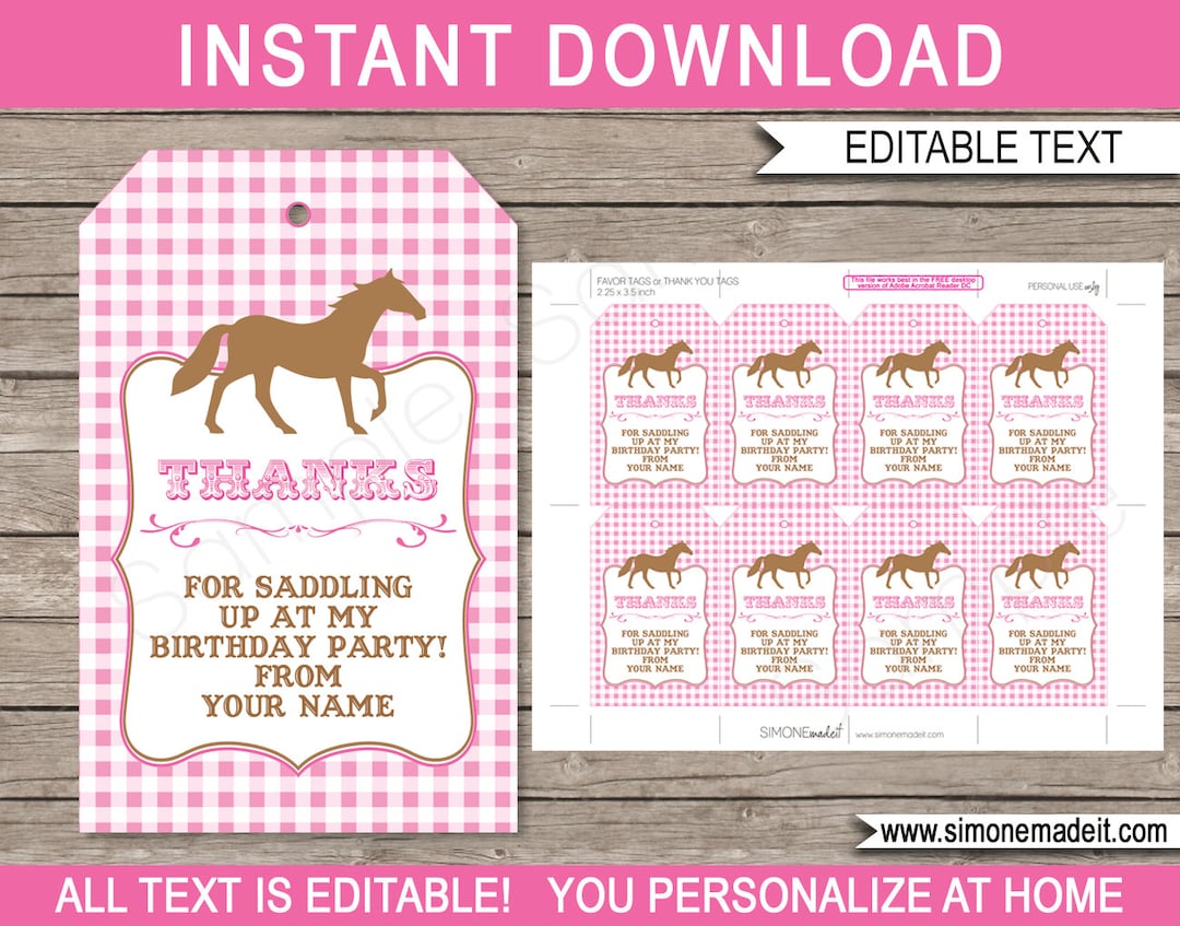 Horse Favor Tags Template - Printable Birthday Party Thank You Tags ...