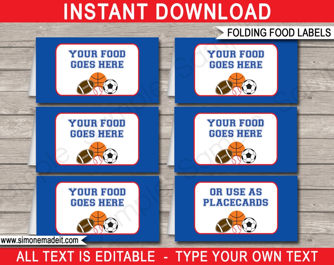 All Star Sports Food Labels Template - Sports Theme Party - Place Cards ...
