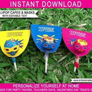 Superhero Lollipop Capes & Masks Template: Editable Birthday Favors ...