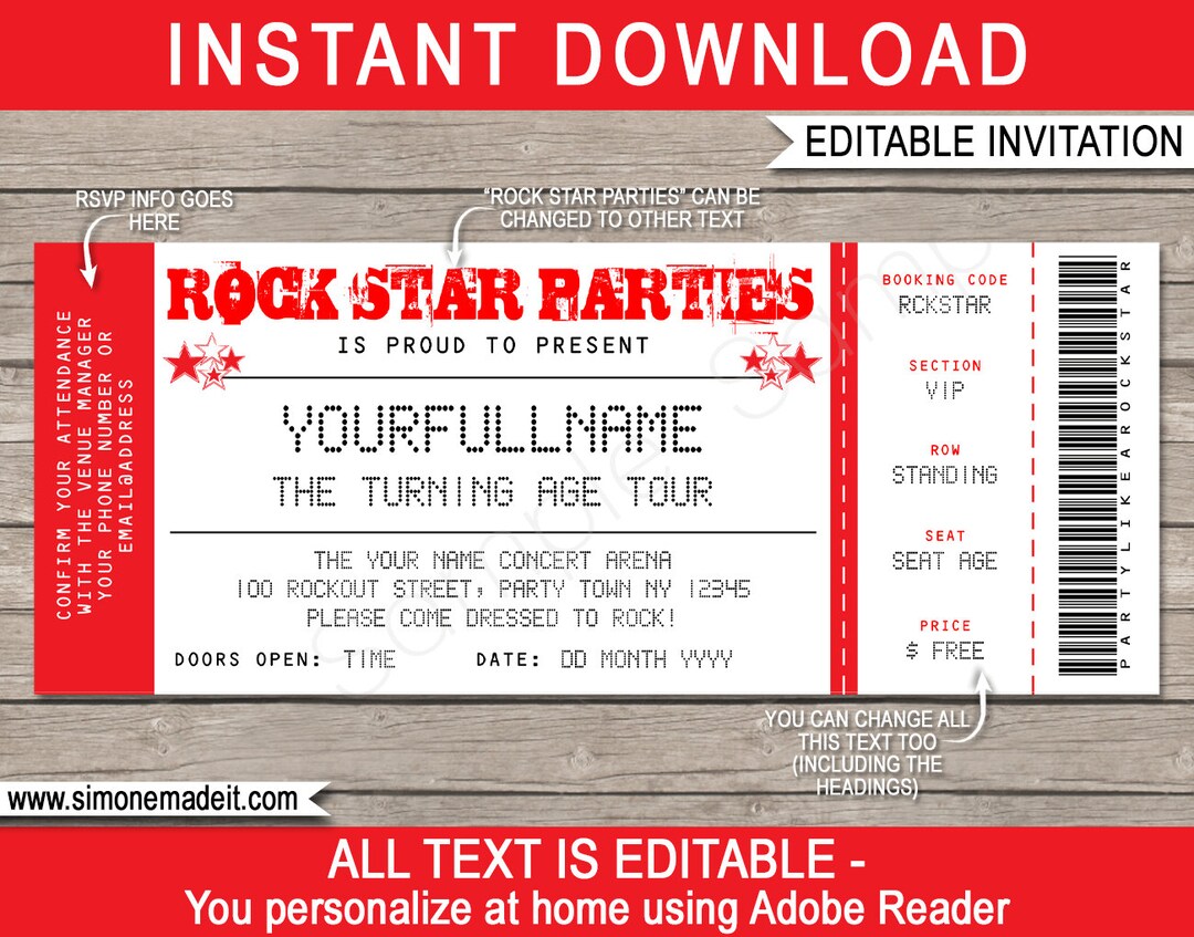 Rock Star Invitation Template - Printable Concert Ticket Invite ...
