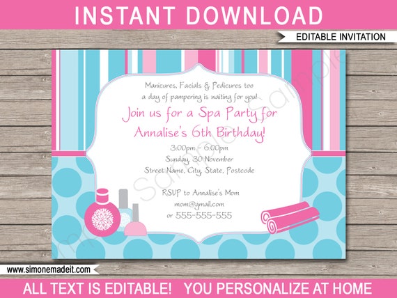Spa Invitation Template - Printable Birthday Party Invite - INSTANT ...