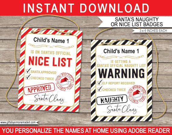 Santa Naughty & Nice List Cards ID Badges Printable Template - from ...