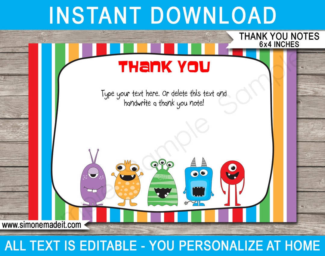Monster Thank You Cards Template - Printable Birthday Party Note Tags ...