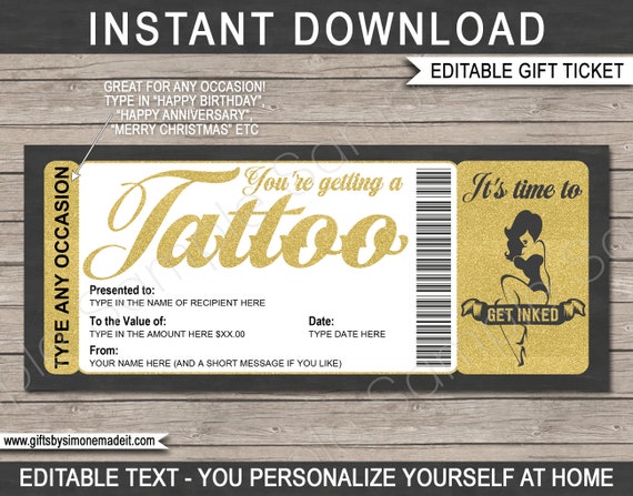 Tattoo Voucher Certificate Ticket Gift Card Printable Template Retro 