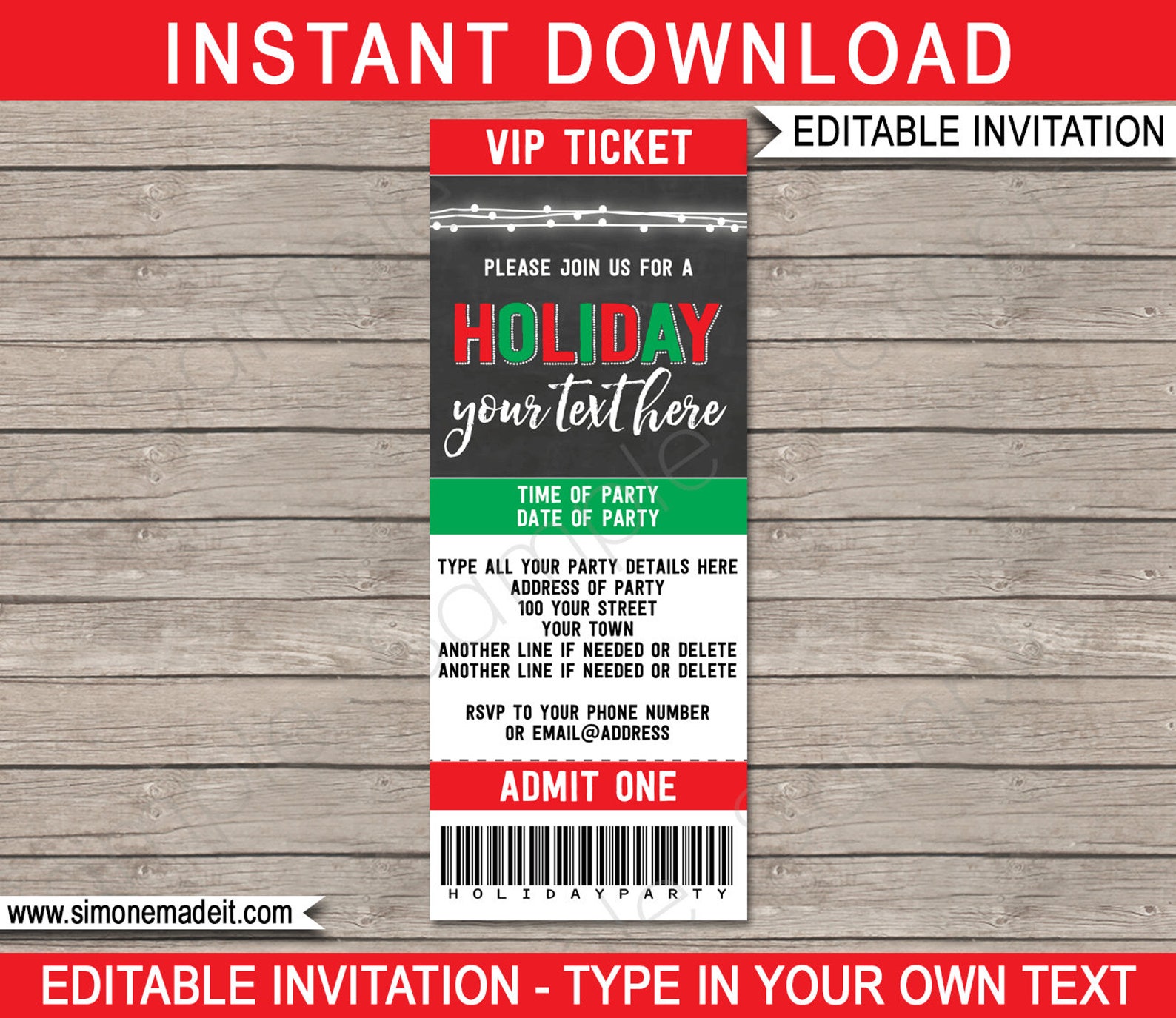Holiday Party Ticket Invitation Template Printable Holiday Etsy