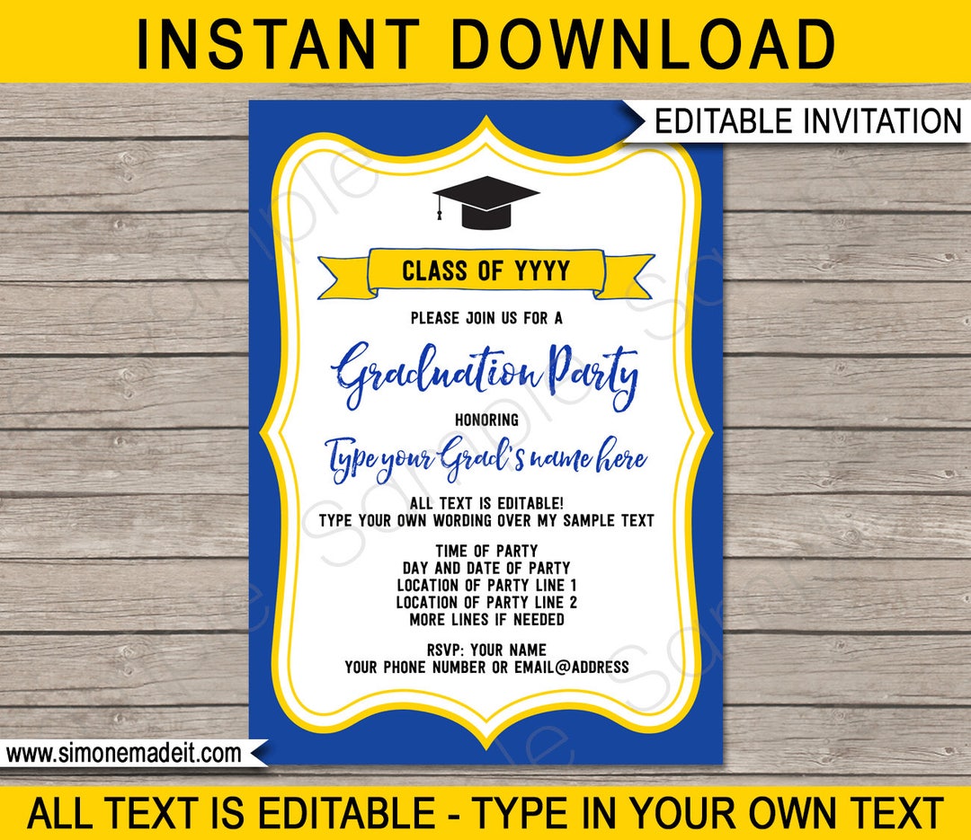 Graduation Party Invitations - Royal Blue & Gold / Yellow - Printable ...