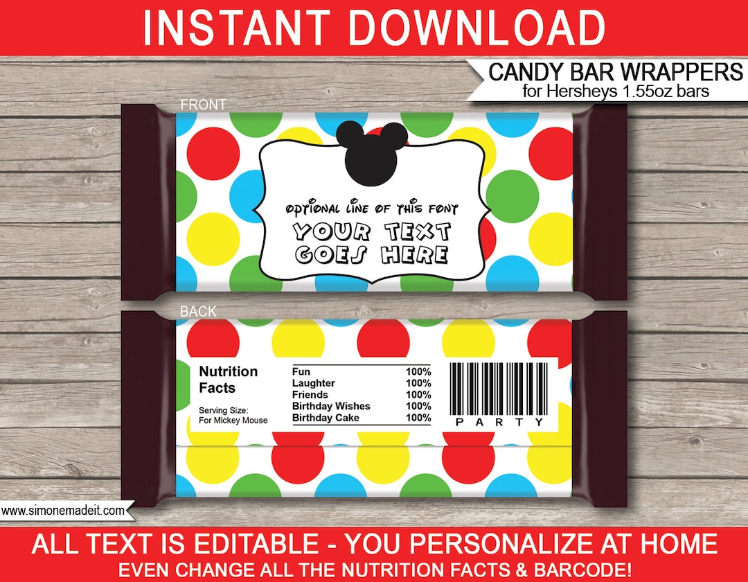 Mickey Mouse Party Candy Bar Wrappers: Editable Chocolate Labels ...