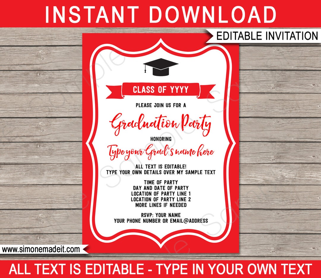 Red Graduation Party Invitation Template - Editable Text (instant ...