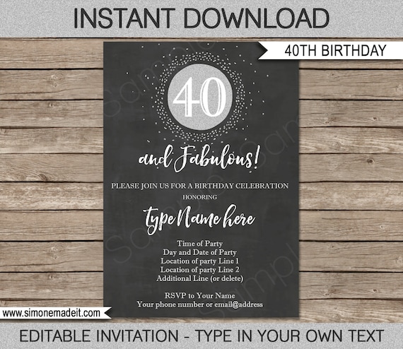 40th Birthday Invitation Template - Chalkboard & Silver Glitter ...