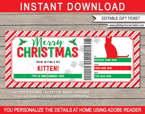 Pet Kitten Cat Gift Certificate Template - Printable Christmas Voucher ...