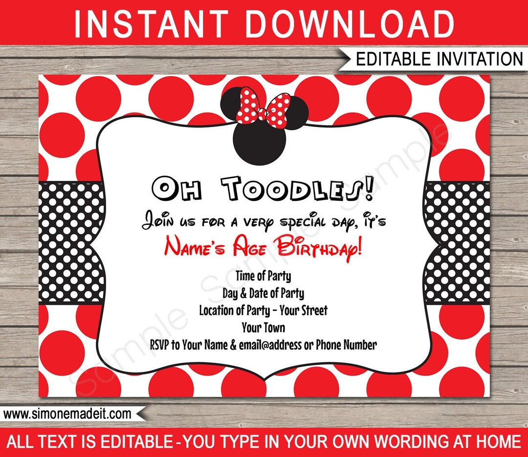 Red Minnie Mouse Invitation Template - Printable Birthday Party Invite ...