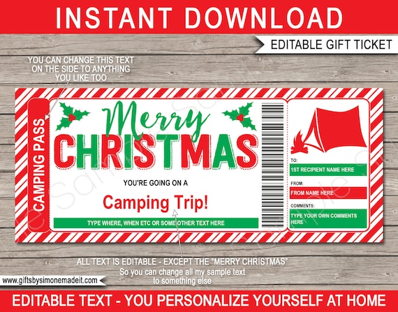 Camping Trip Ticket Template Gift Certificate Voucher Pass - Printable ...