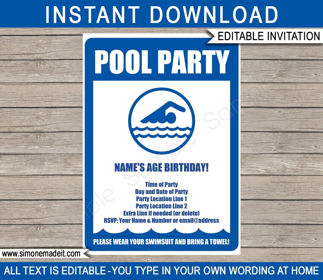 Pool Party Invitation Template - Printable Birthday Party Invite ...