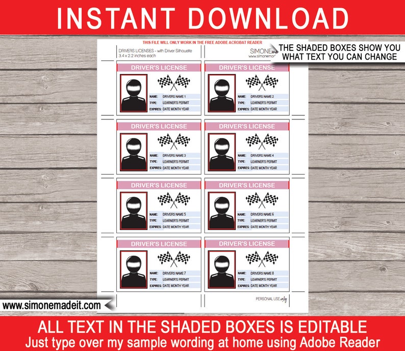 Race Car Driver's License: Birthday Party Favors (printable, Editable ...