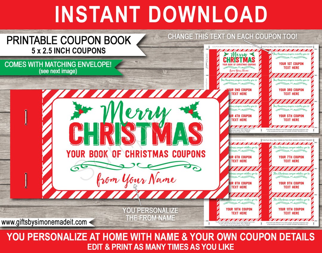 Personalized Christmas Coupon Book With Envelope (EDITABLE, Instant ...