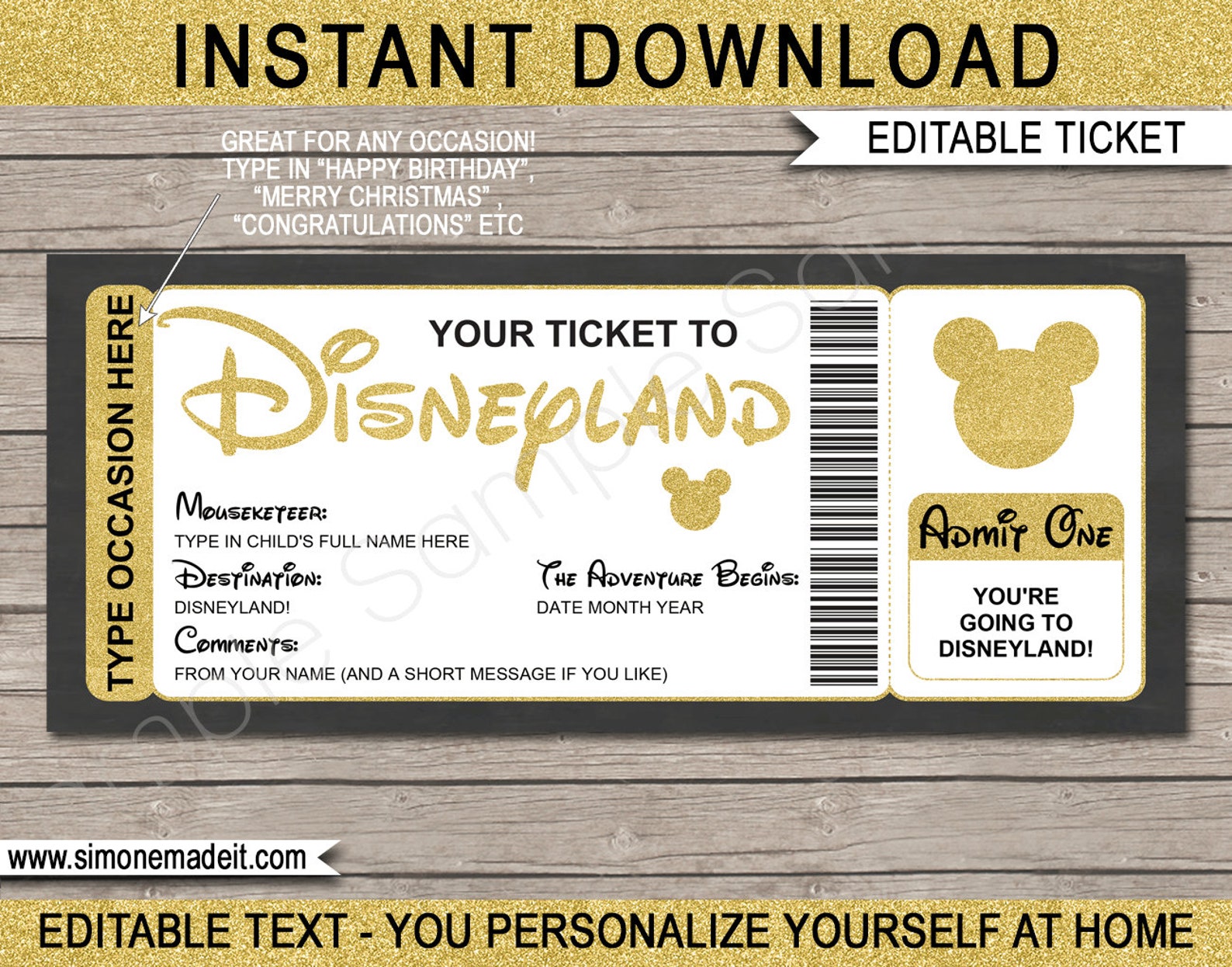 Disneyland Ticket Template Printable Gift Surprise Disney Etsy