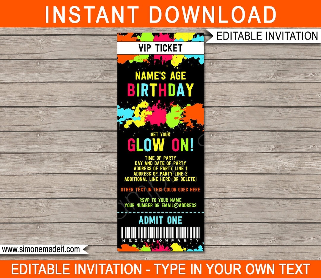 Glow in the Dark Party Ticket Invitation - Neon Blacklight Fluoro Boys ...