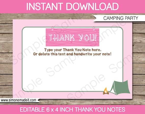 Pink Camping Party Thank You Cards Template - Printable Camp Theme ...