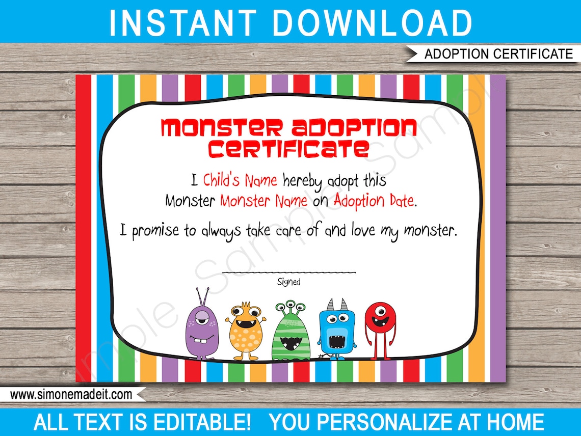 Monster Adoption Certificate Template: Editable Party Favor (digital ...