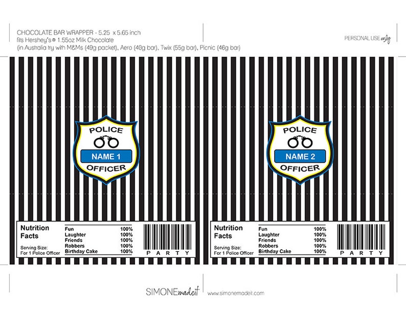 Police Candy Bar Wrappers Template Printable Birthday Party - Etsy