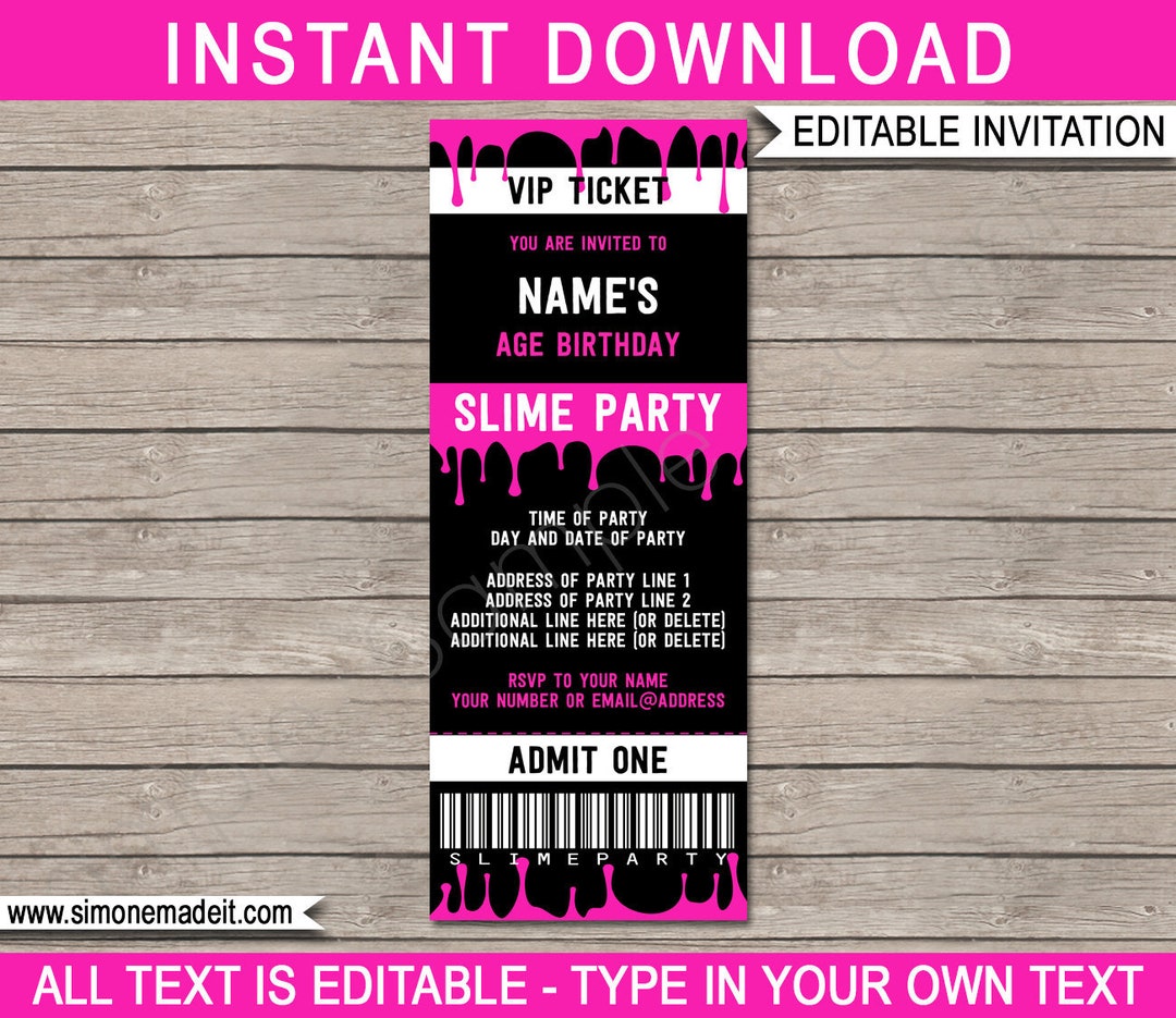 Slime Ticket Invitation Template - Printable Birthday Party Theme ...