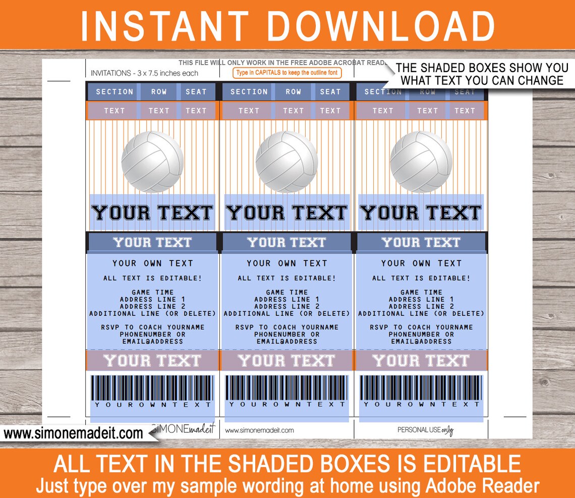 Volleyball Ticket Invitation: Orange Birthday Party, Editable Text (PDF ...