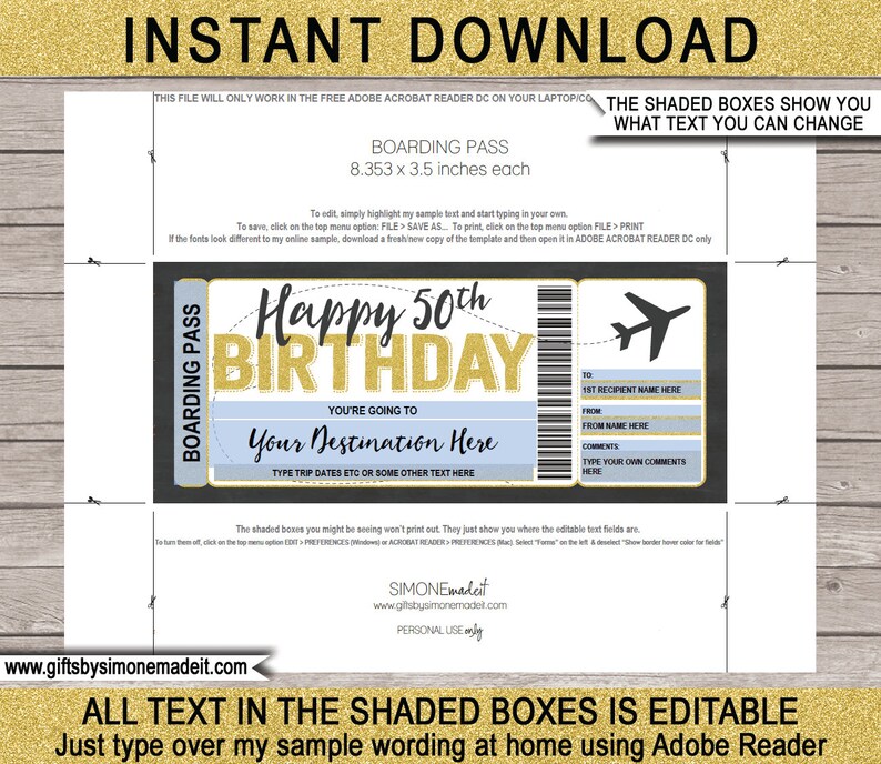 50th Birthday Boarding Pass Template: Surprise Trip Gift (EDITABLE TEXT ...