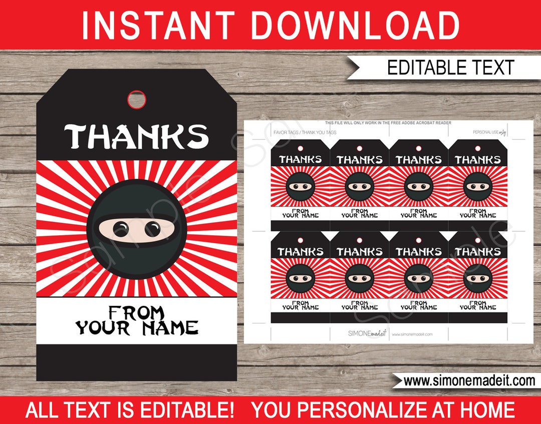 Ninja Favor Tags Template - Printable Birthday Party Thank You Tags ...