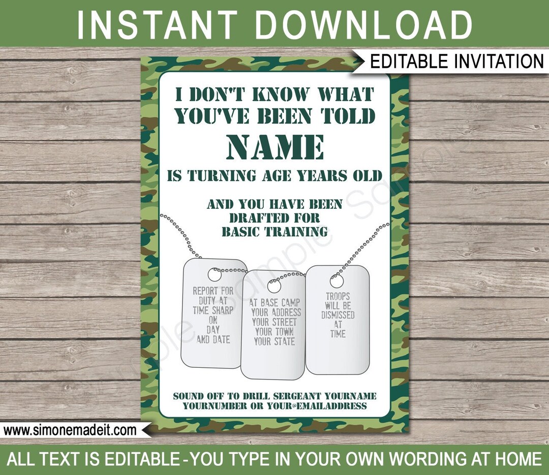 Army Invitation Template - Printable Green Camo Theme Birthday Party ...