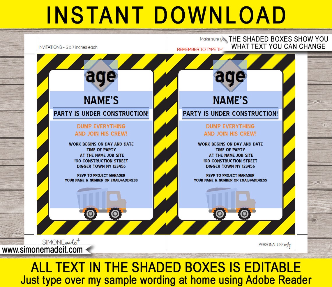 Construction Invitation Template Printable Birthday Party - Etsy
