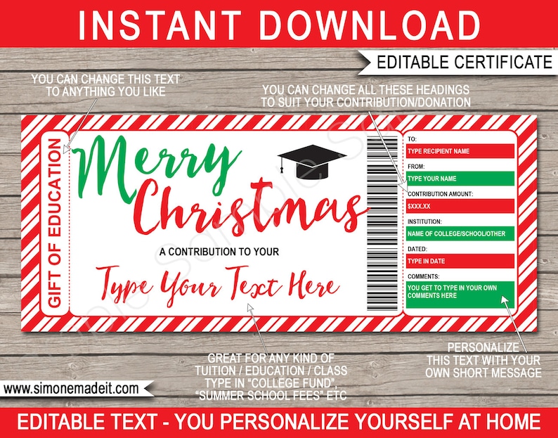 College Fund Christmas Gift Certificate Printable Tuition - Etsy