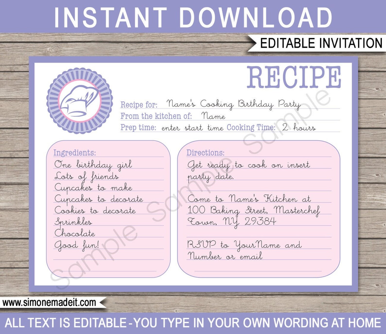 Cooking Invitation Template Recipe Card Birthday Party | Etsy