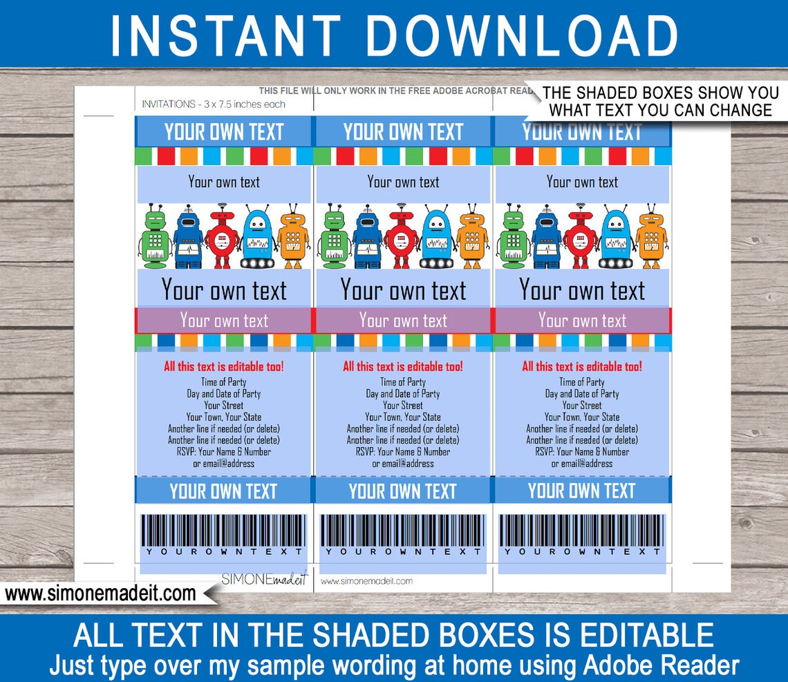 Robot Ticket Invitation Template - Printable Birthday Party Invite ...