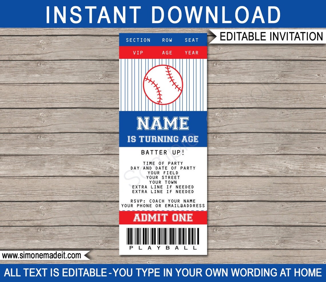 Baseball Ticket Invite Template Printable Birthday Party - Etsy