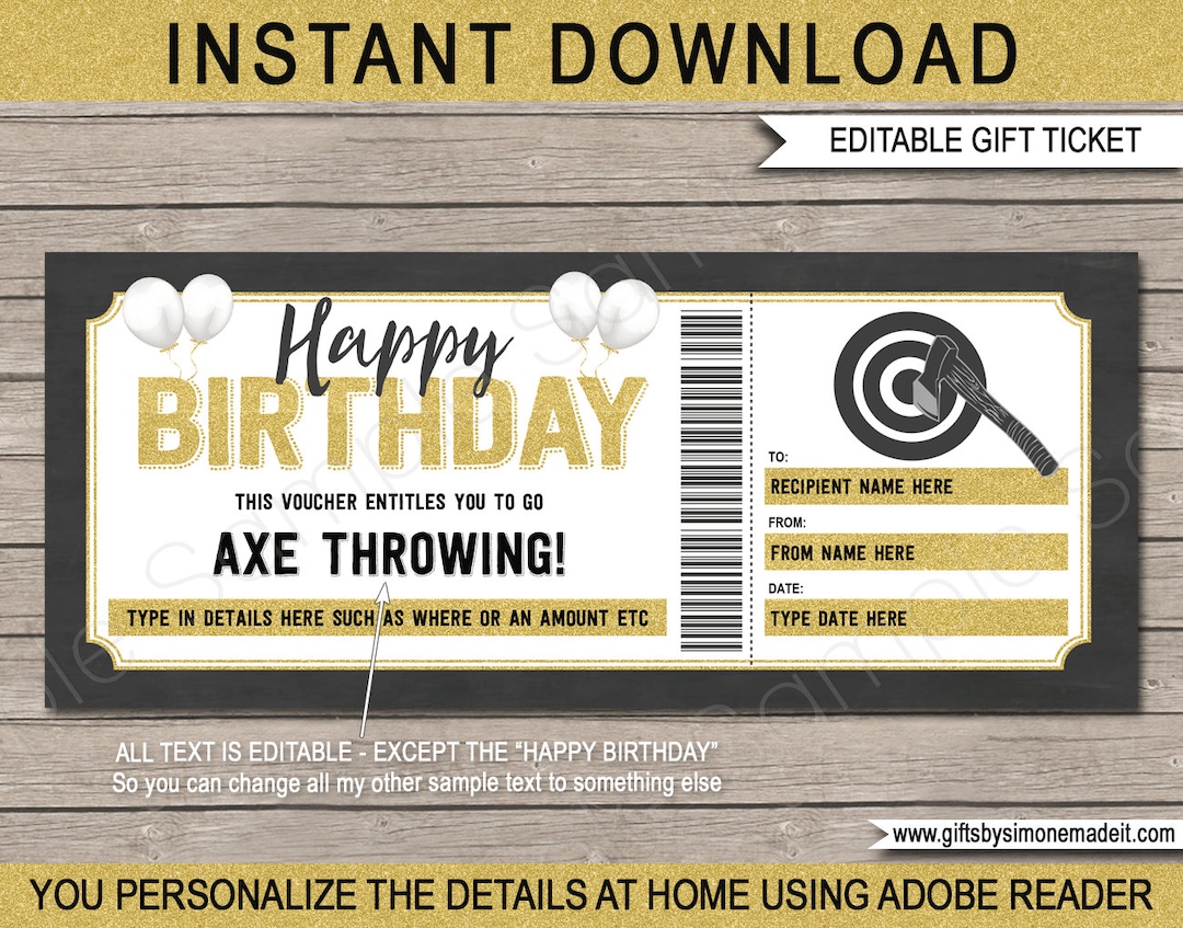 Axe Throwing Ticket Template - Birthday - Printable Gift Certificate or ...