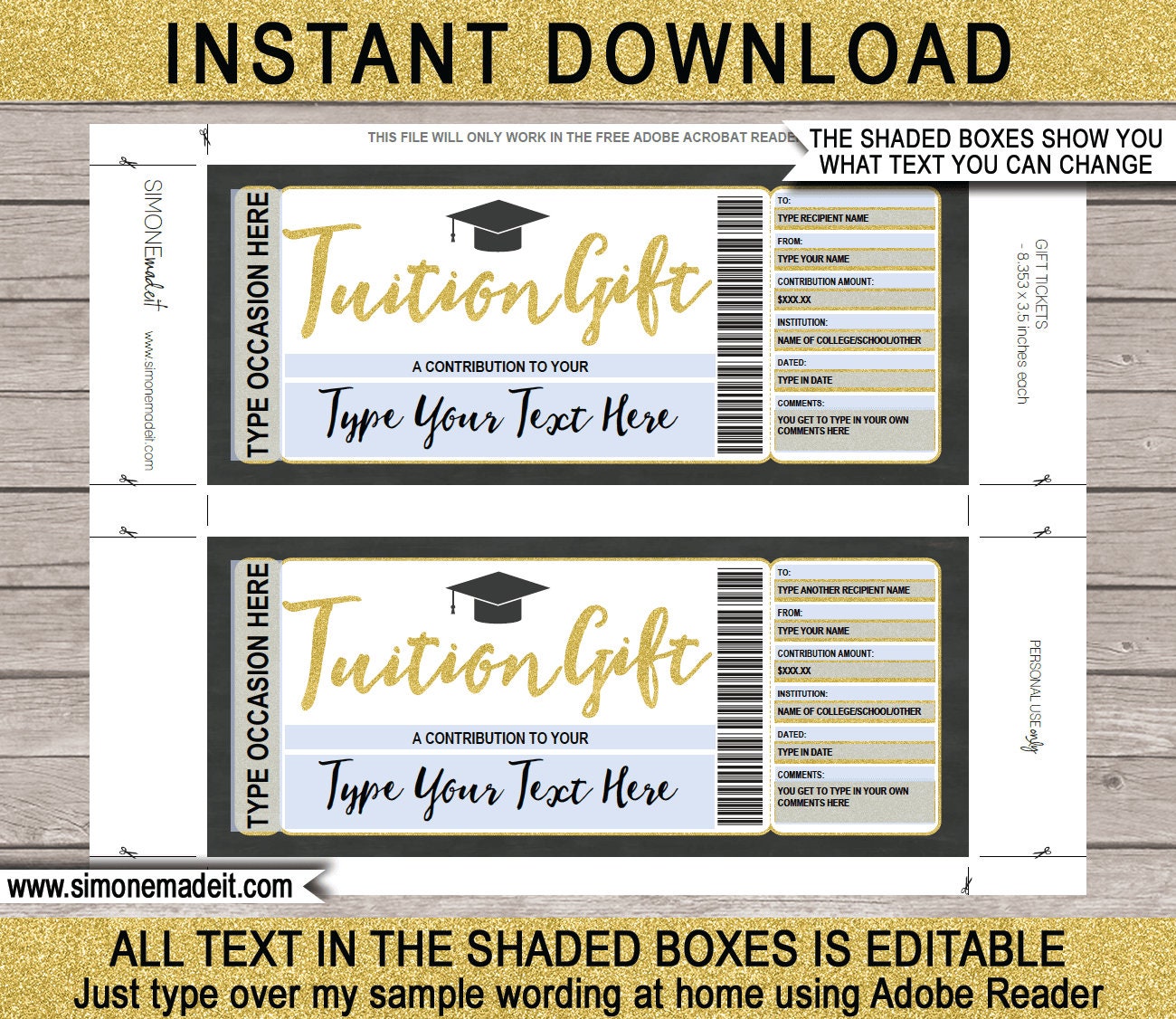 Printable Tuition Gift Certificate: Editable College Fund Ticket ...