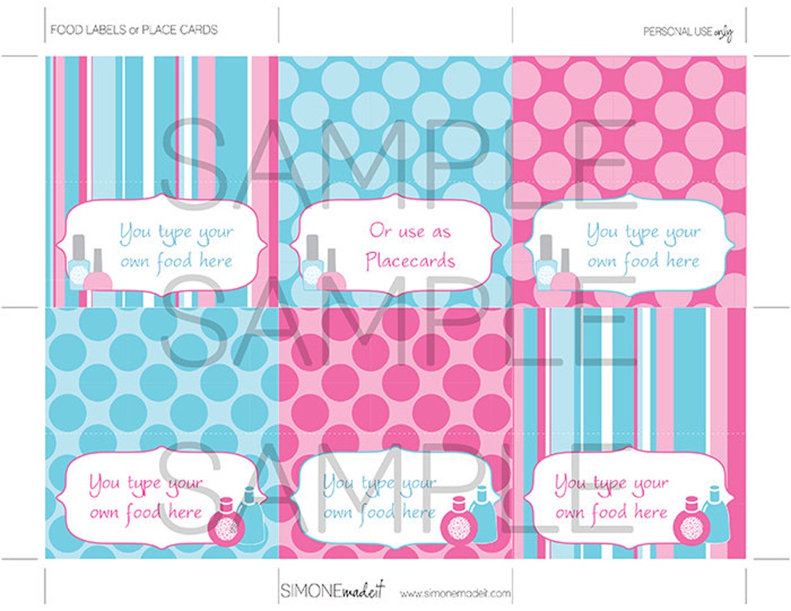 Spa Party Food Labels Template Printable Birthday Party - Etsy