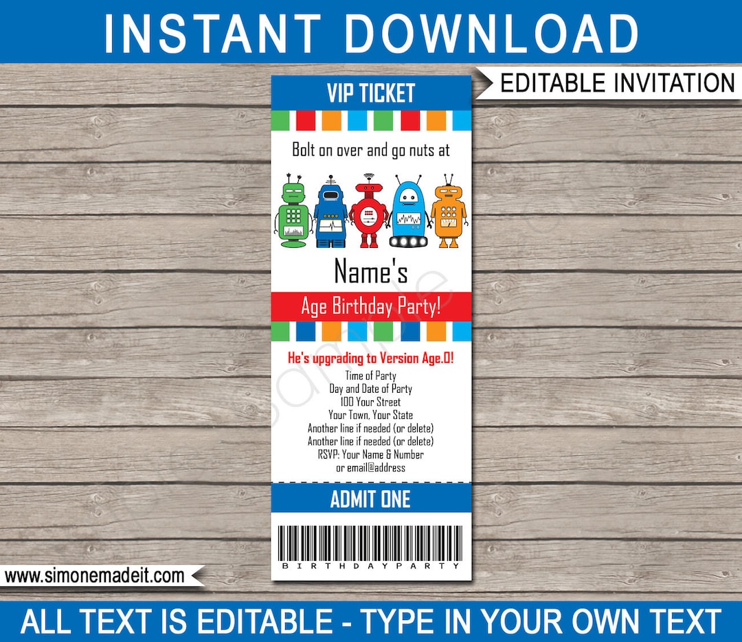 Robot Ticket Invitation Template - Printable Birthday Party Invite ...