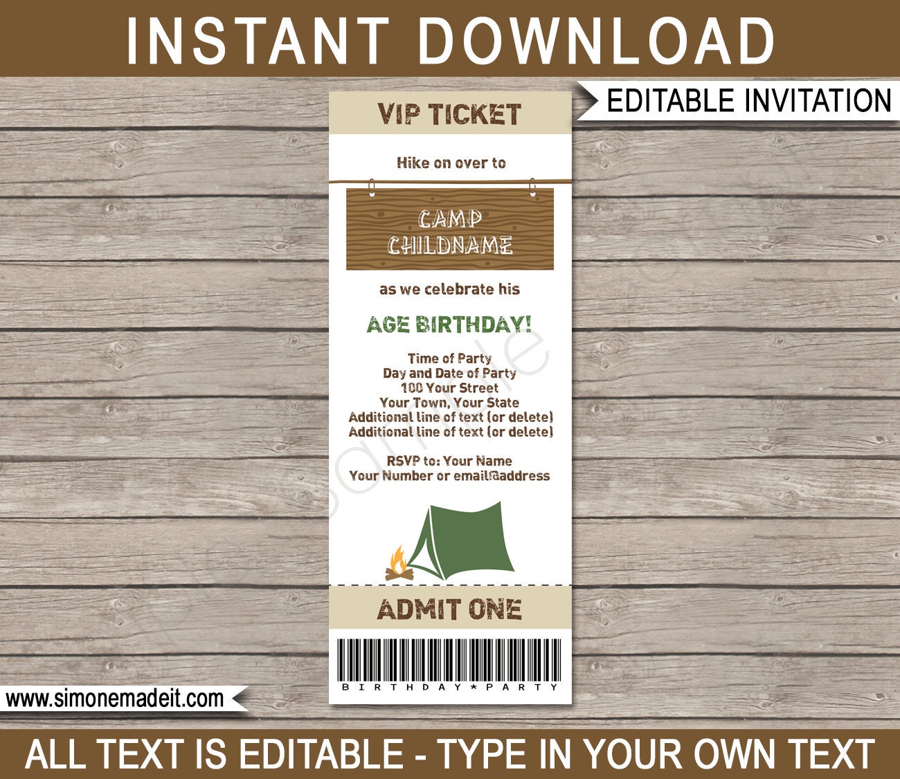 Camping Party Ticket Invitation Template Printable Campout - Etsy UK
