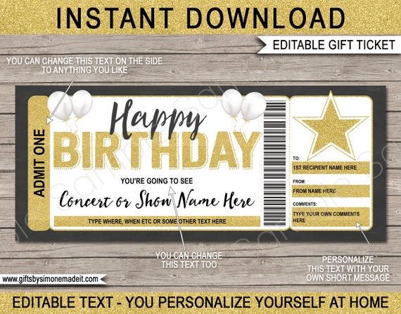 Concert Ticket Template Surprise Birthday Gift Printable - Show ...