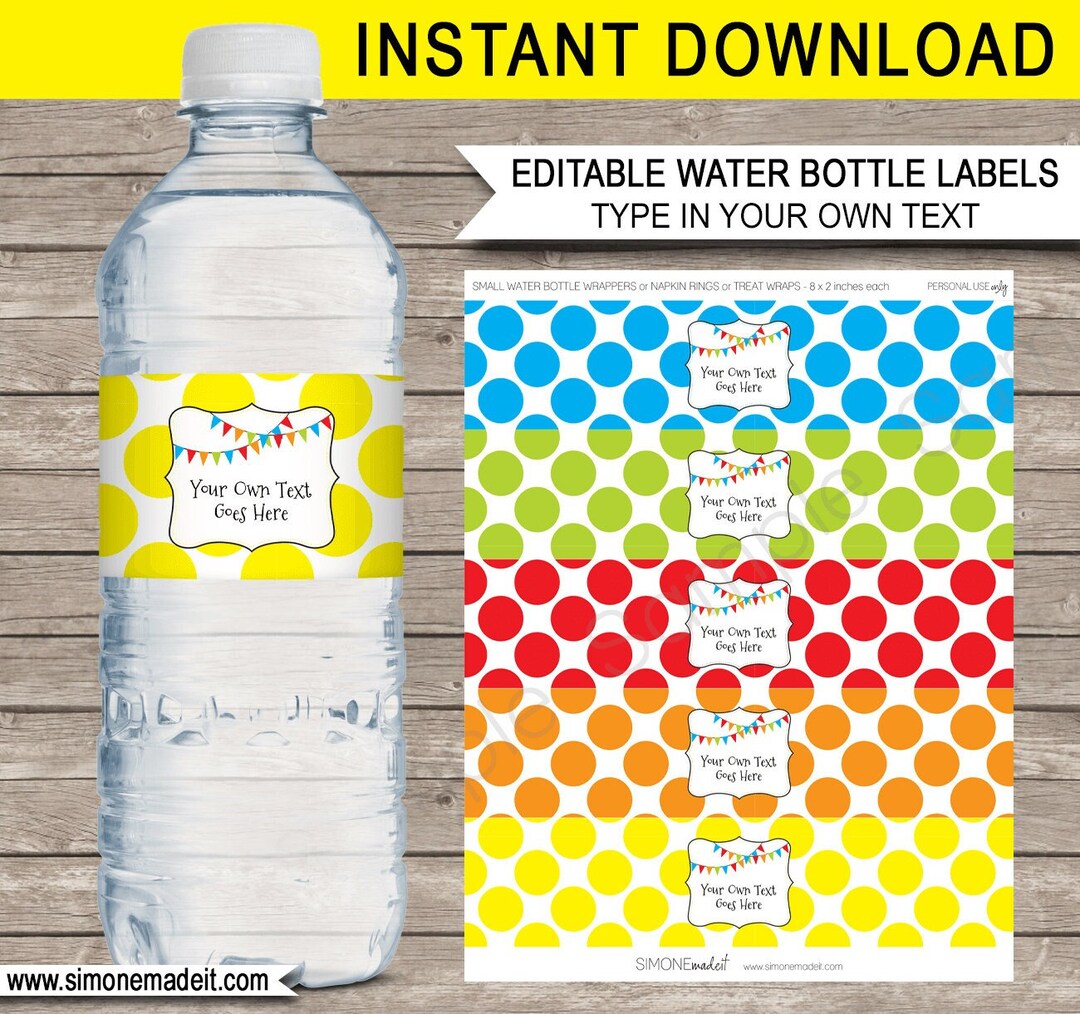 Polkadot Water Bottle Labels Template: Editable Birthday Party Decor ...