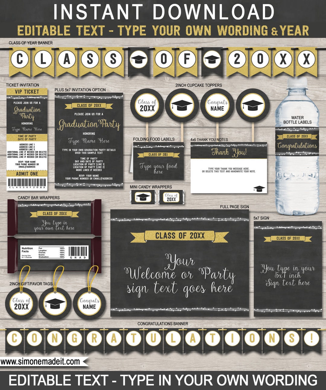 Gold Graduation Party Invitations & Decorations Template Bundle - Any ...